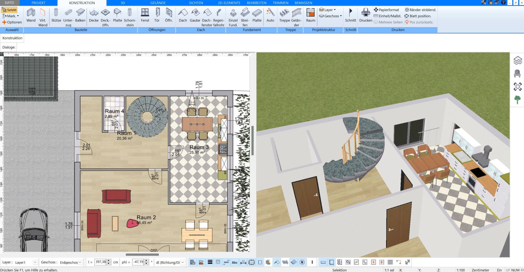 Wohnflächenberechnung der Treppe im Grundriss