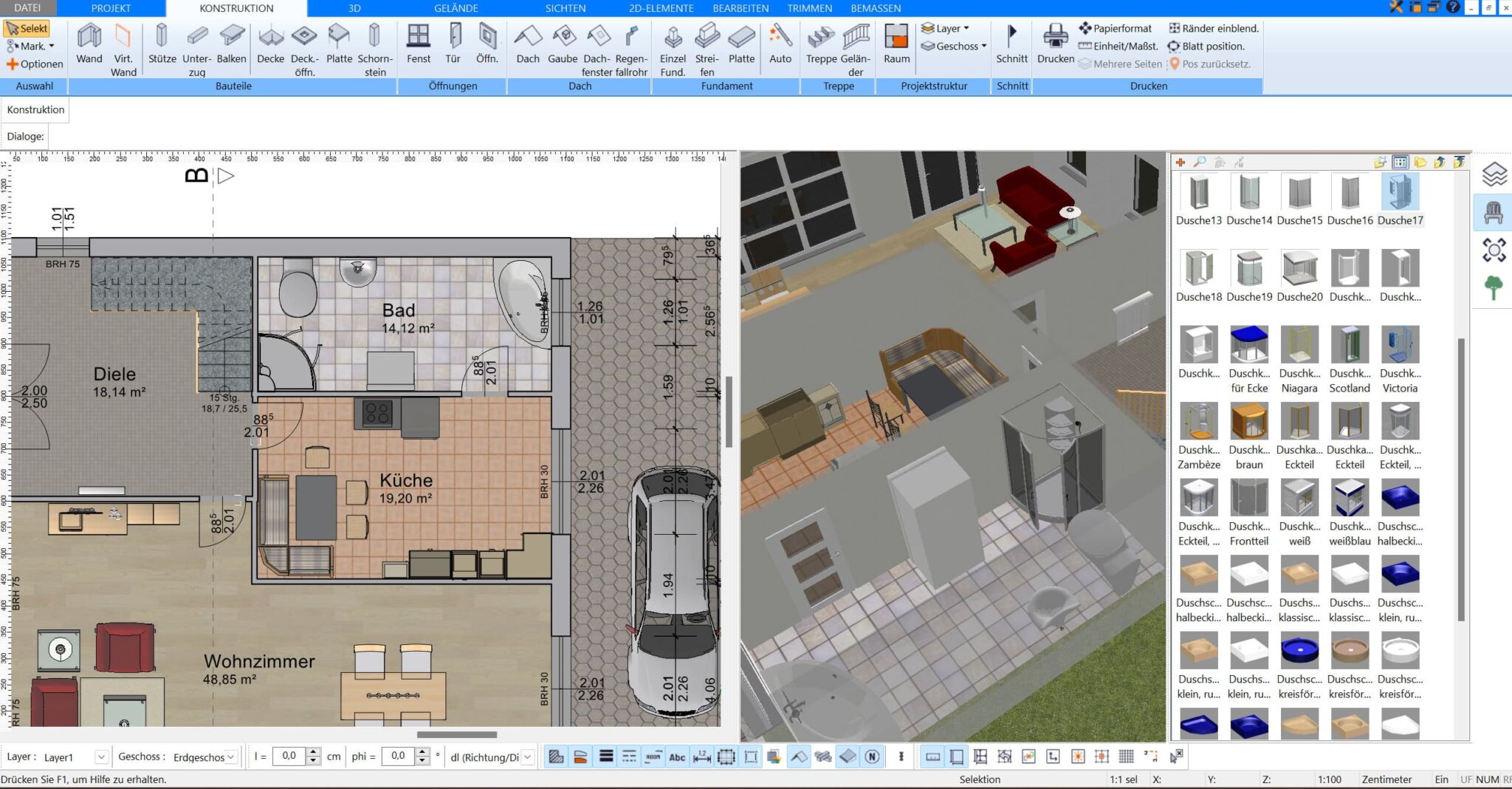 Dusche im Grundriss zeichnen mit dem Plan7Architekt