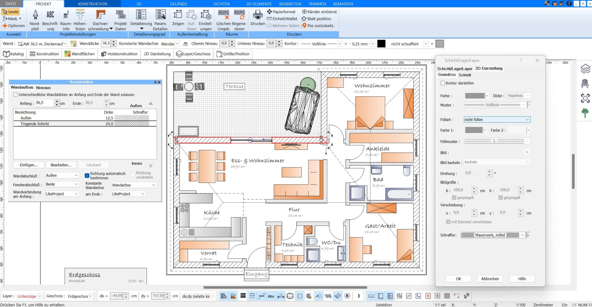 Schraffuren im Grundriss anzeigen/bearbeiten im Plan7Architekt 3